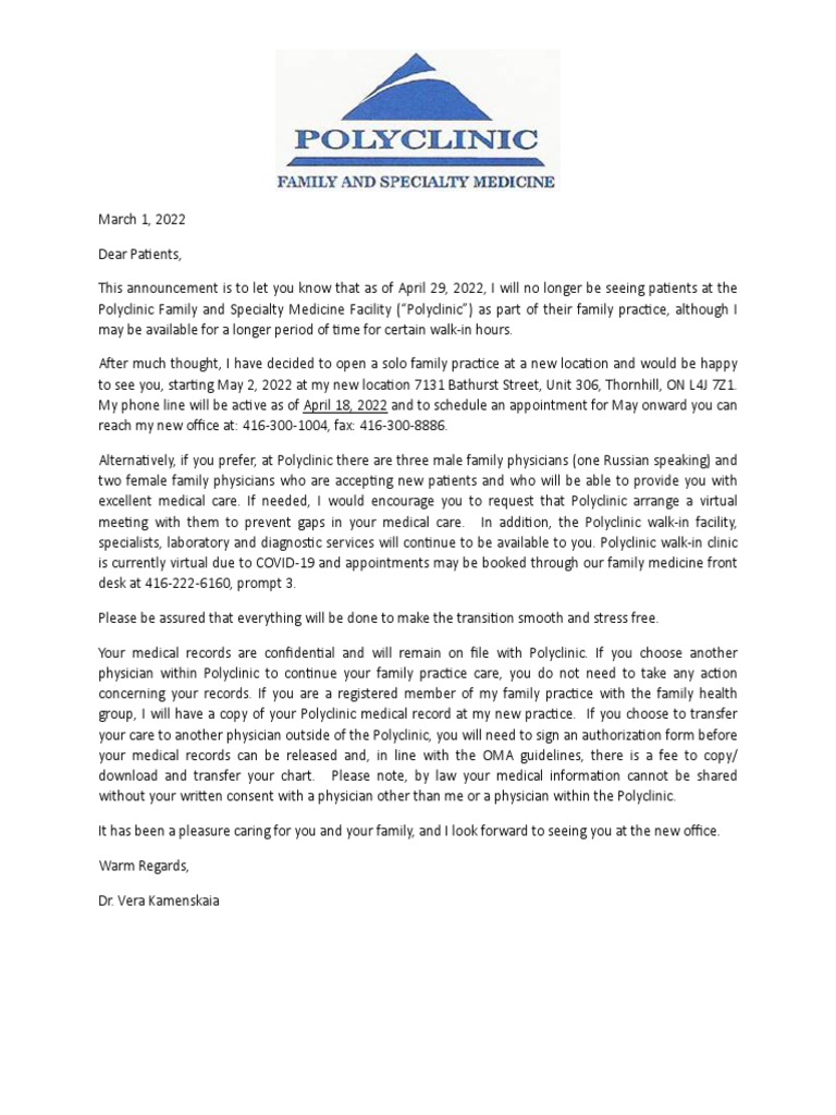 Dr. Vera Kamenskaia Notice of Practice Relocation Feb 24 2022 | PDF ...