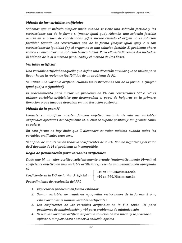 Método de Las Variables Artificiales: Docente: Rosario Mamani Investigación Operativa Capitulo ...