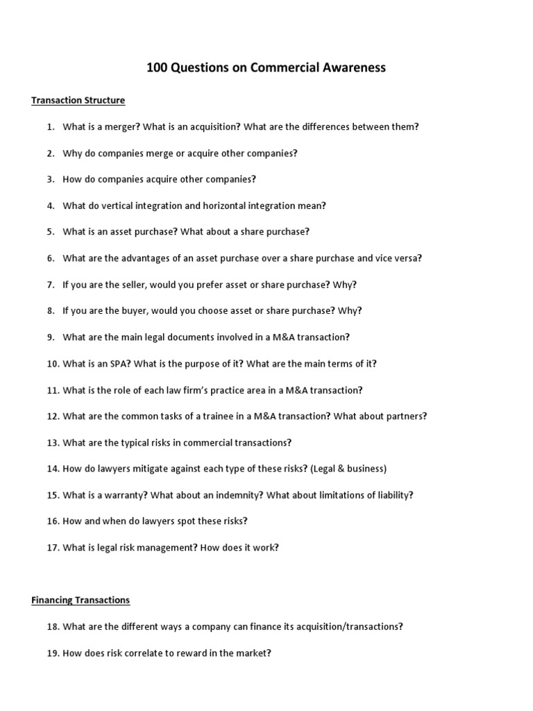 100 Questions On Commercial Awareness 1667534210 | PDF | Stocks ...