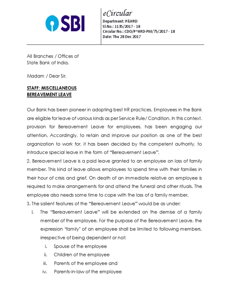 SBI introduces paid Bereavement Leave | PDF