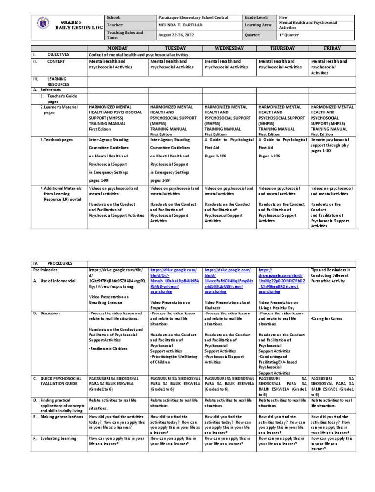 DLL - Mental Health and Psychosocial Activities | PDF | Learning ...