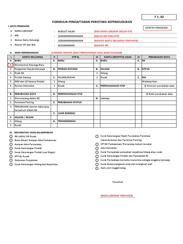 Formulir F-1.02 (Pendaftaran Peristiwa Kependudukan) | PDF