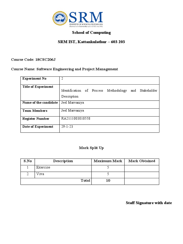 18CSC206J SEPM - Ex 2 | PDF | Agile Software Development | Software Development Process