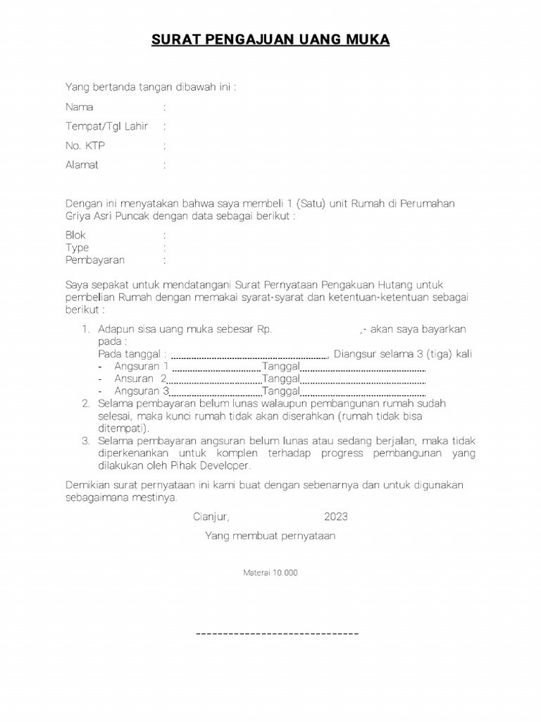 Surat Pernyataan Uang Muka | PDF