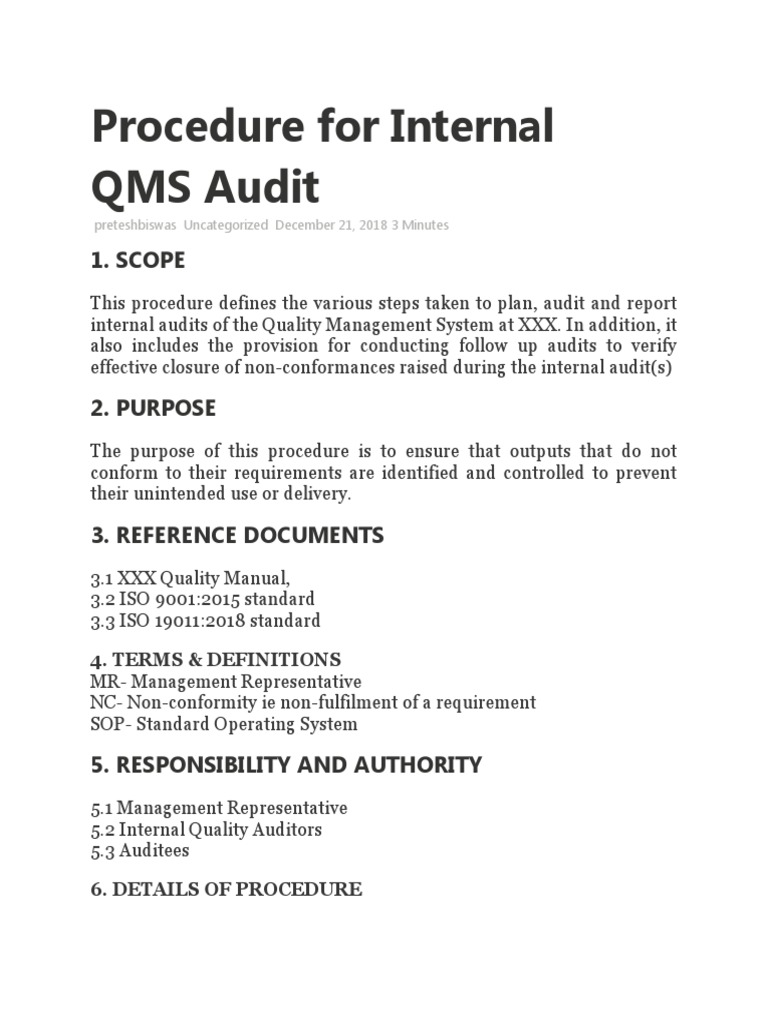 Sample Internal Audit Procedure | PDF | Audit | Internal Audit