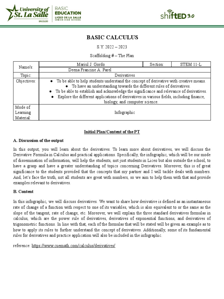 Basic Calculus: Initial Plan/Content of The PT A. Discussion of The Output | PDF | Derivative ...