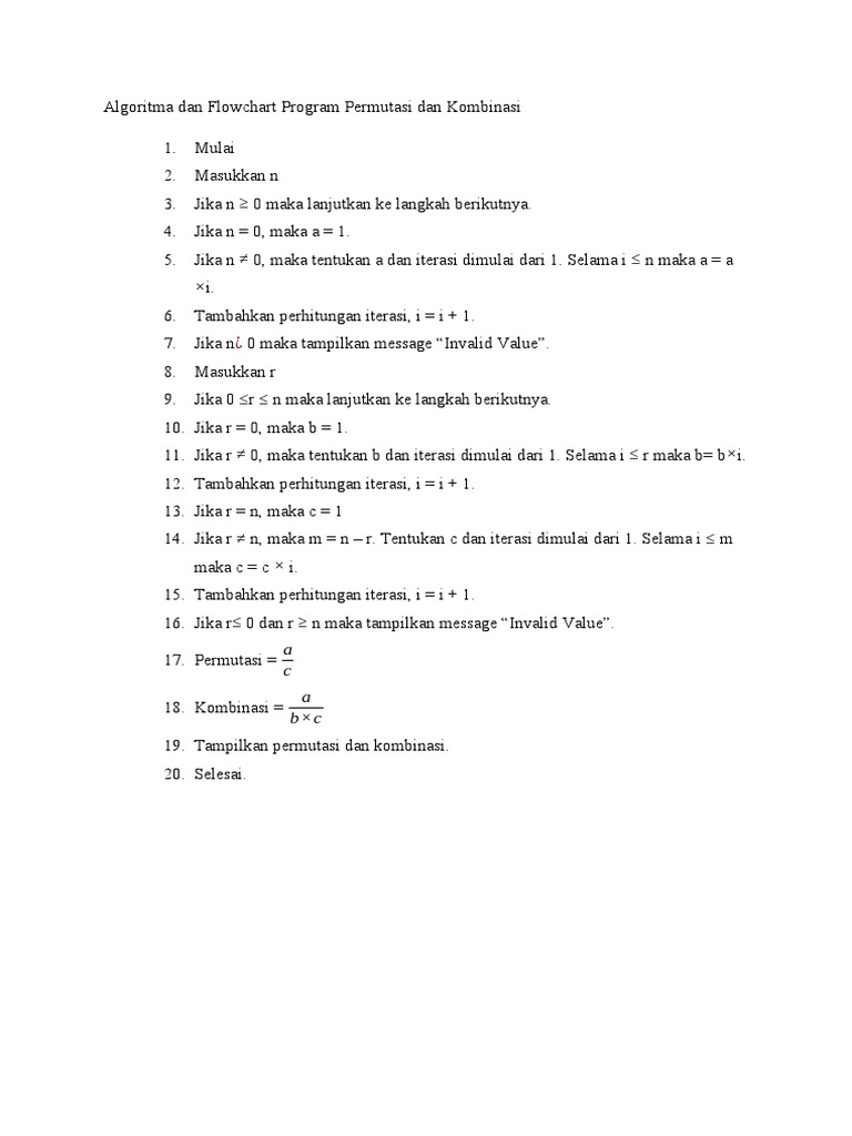 Algoritma Dan Flowchart Program Permutasi Dan Kombinasi | PDF