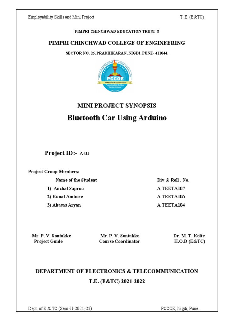 Bluetooth Car Using Arduino: Mini Project Synopsis | PDF | Arduino | Bluetooth
