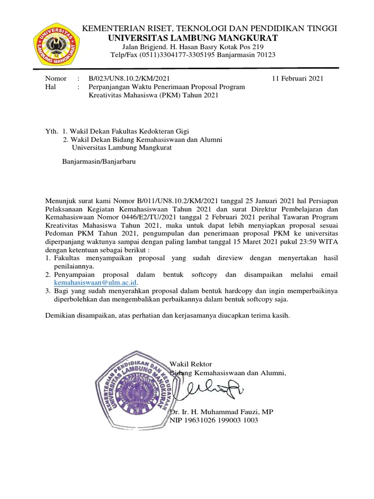 Surat Perpanjangan Penerimaan Proposal PKM 2021 | PDF Surat Perpanjangan Penerimaan Proposal PKM 2021 | PDF