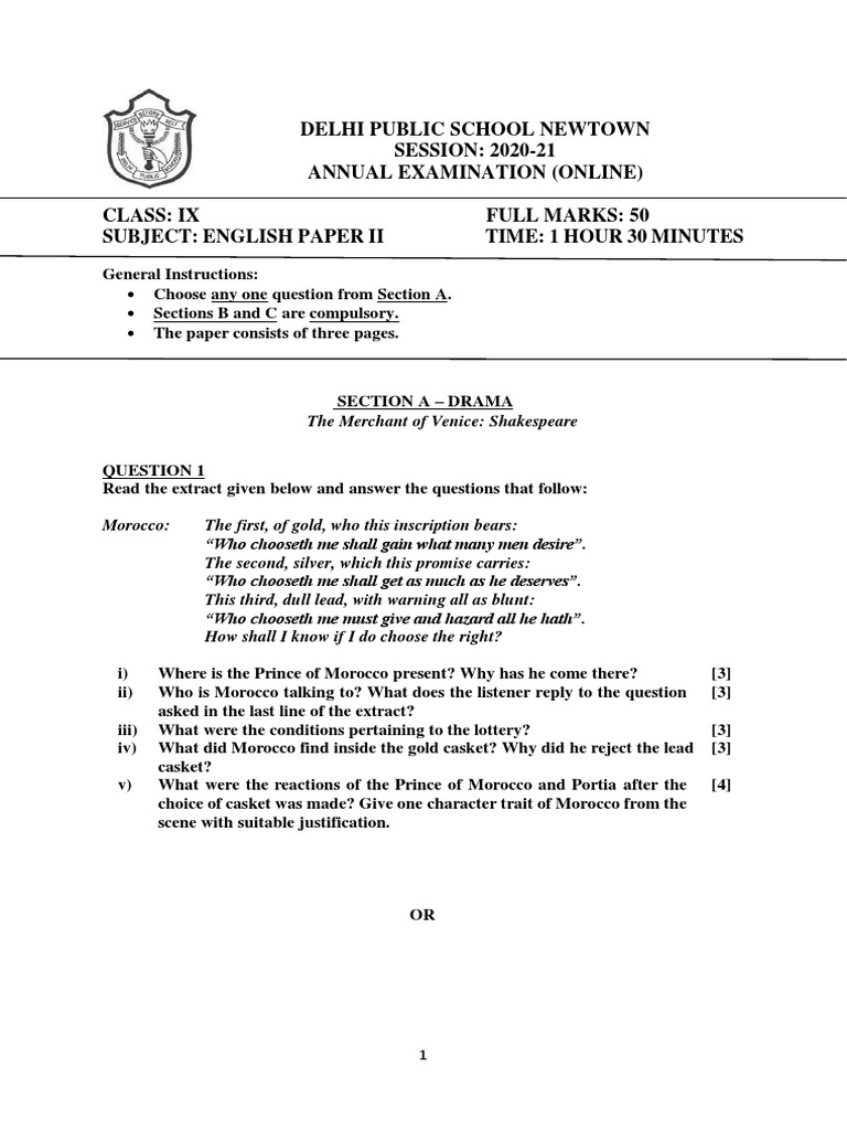 Delhi Public School Newtown SESSION: 2020-21 Annual Examination (Online ...