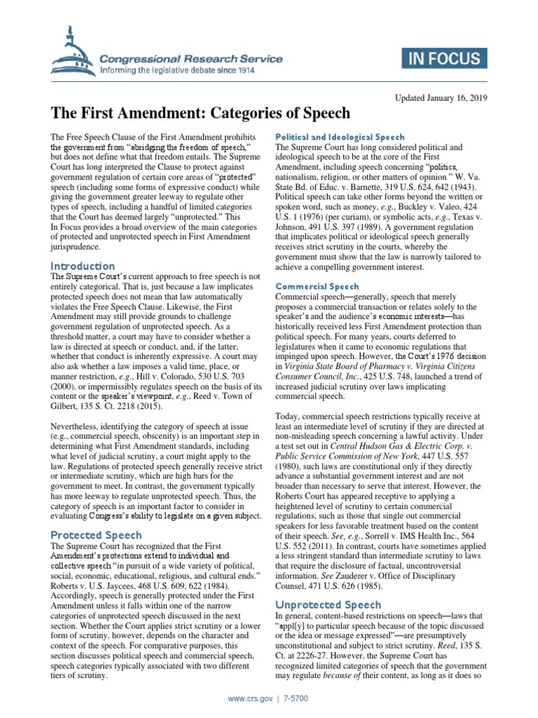 First Amendment - Categories of Protected and Unprotected Speech | PDF | First Amendment To The ...