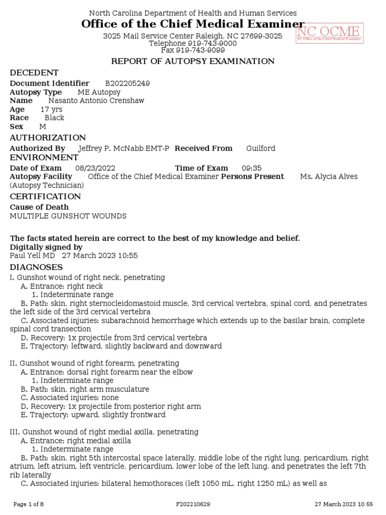 Autopsy Report: Nasanto Crenshaw, 17 | PDF | Anatomical Terms Of ...