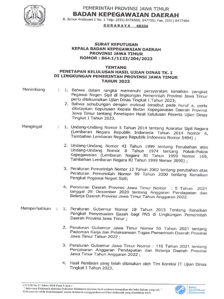SK Penetapan Kelulusan Hasil Ujian Dinas Tk. I | PDF