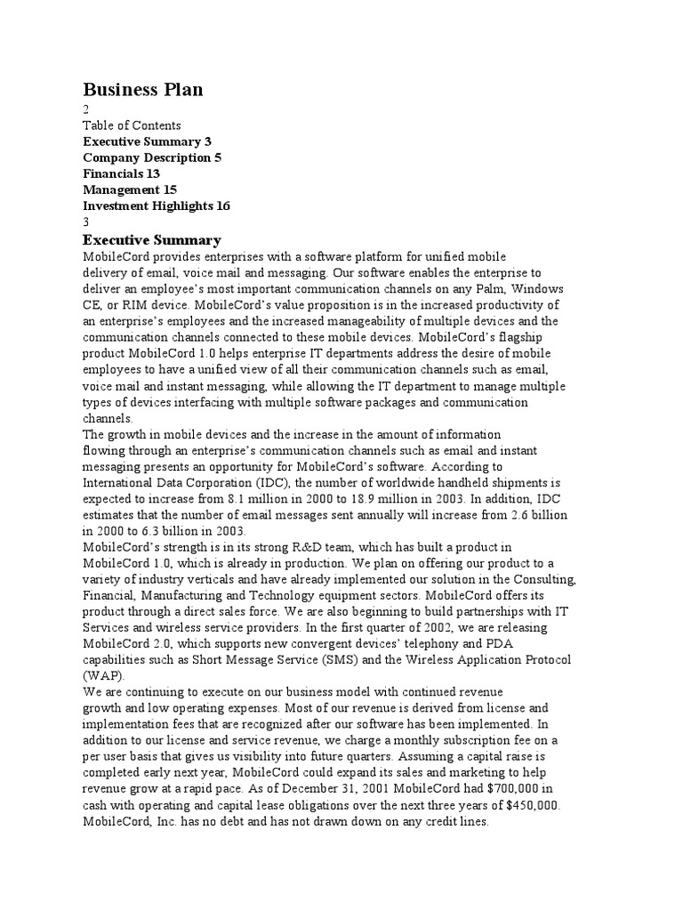 Business Plan | PDF | Instant Messaging | Voicemail