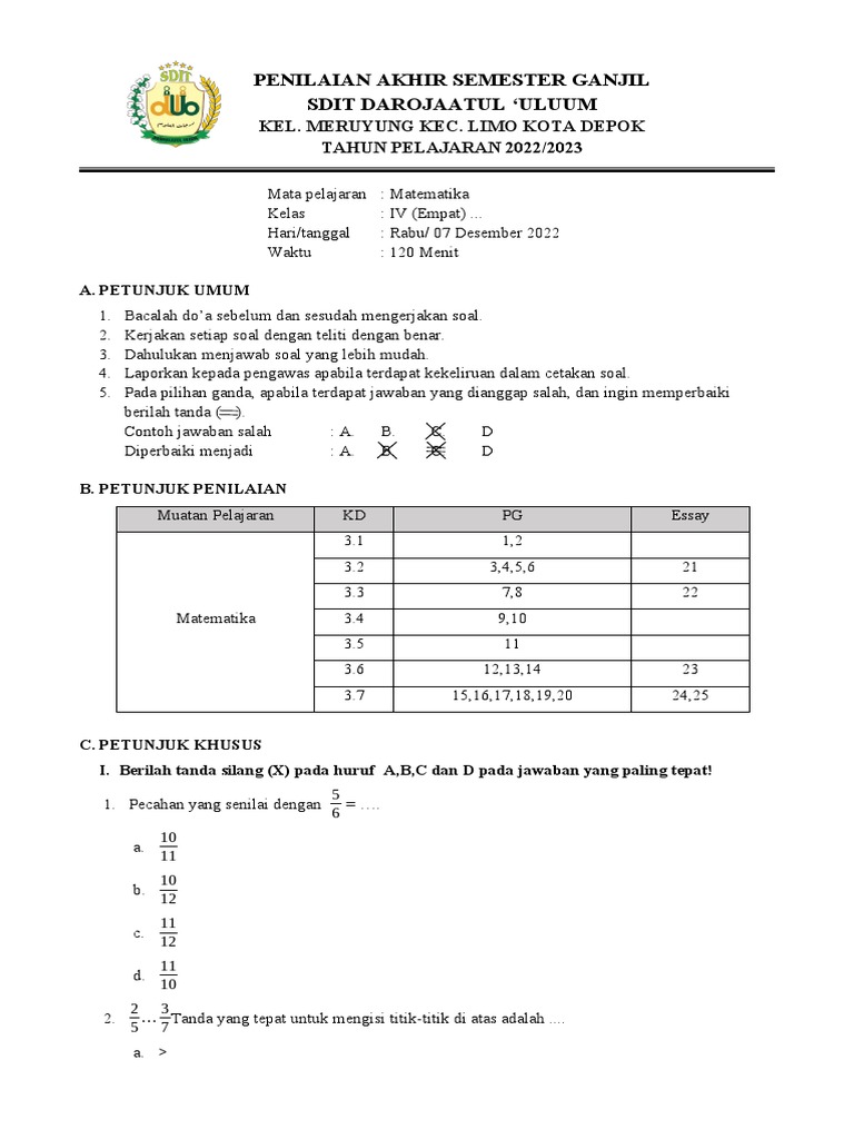 Soal Pas Matematika Kelas 4 | PDF