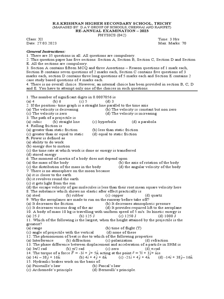 Class 11 Physics QP Yly 06.03.2023 | PDF | Waves | Heat
