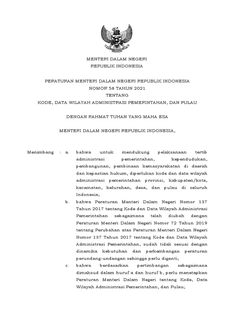 Permendagri No 58 Tahun 2021 - Kode, Data Wilayah Administrasi ...
