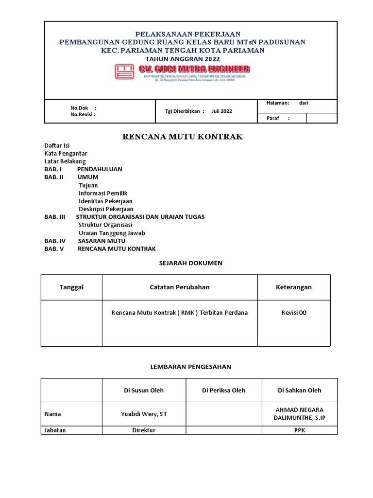 Rencana Mutu Kontrak | PDF