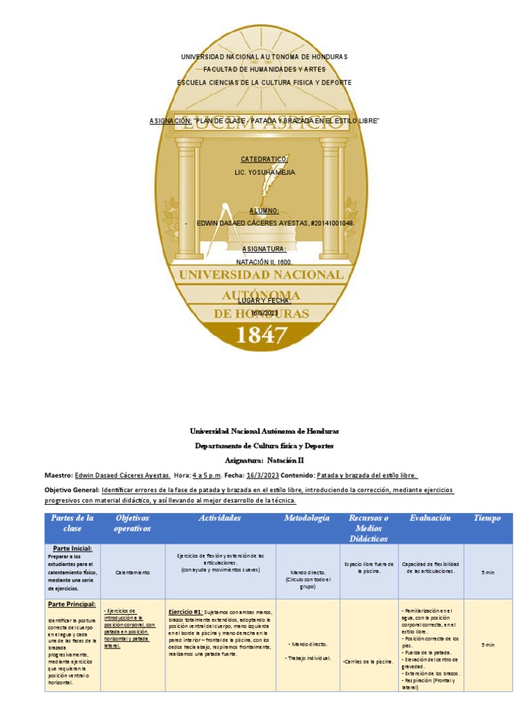 Plan de Clase Natacion Ii - Correcion de Patada y Brazada Del Estilo Libre | Descargar gratis ...