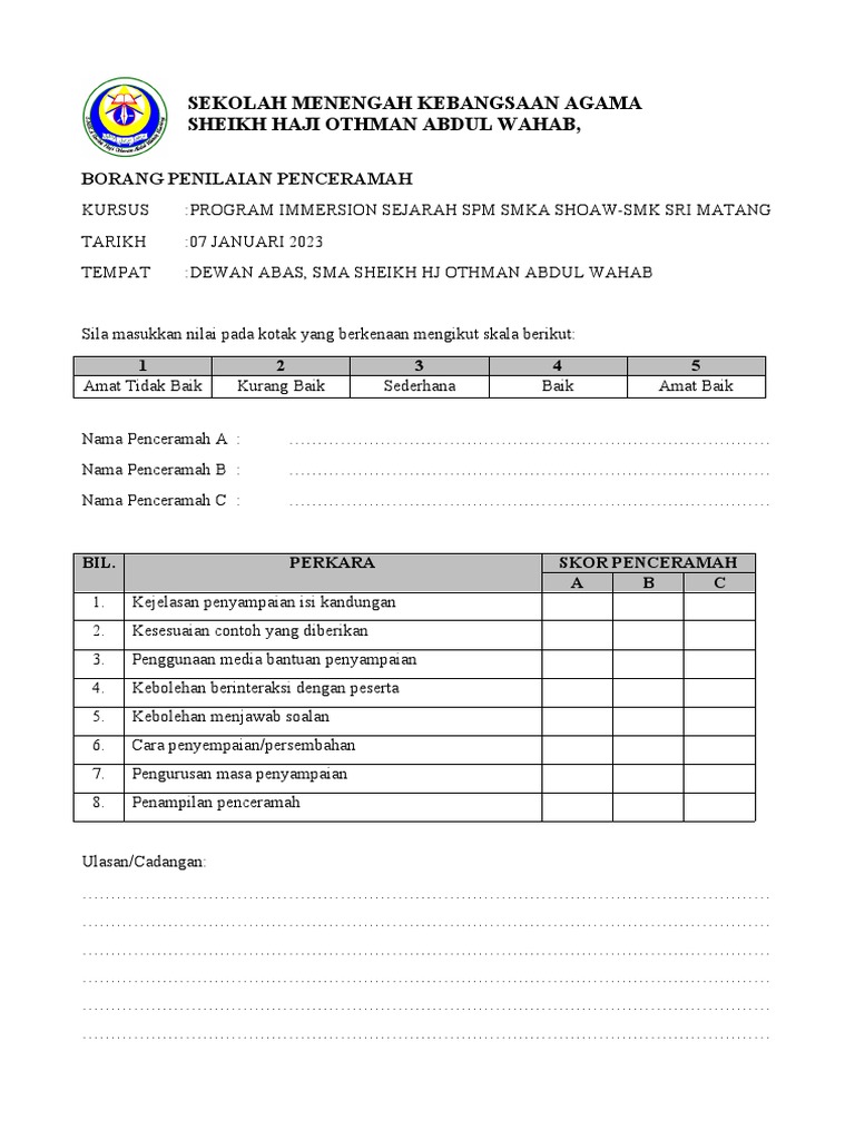 Borang Penilaian Penceramah | PDF
