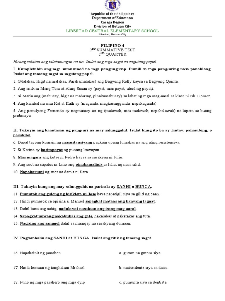 Filipino Summative 2, Q2 | PDF