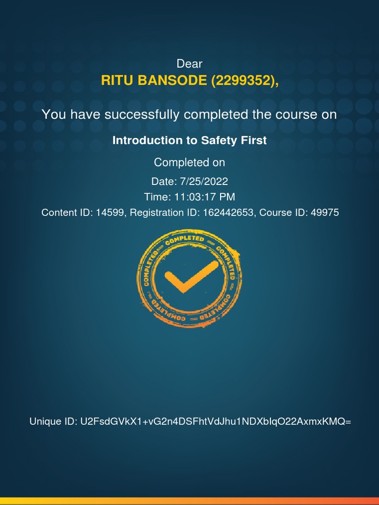 Introduction To Safety First - Completion - Certificate | PDF