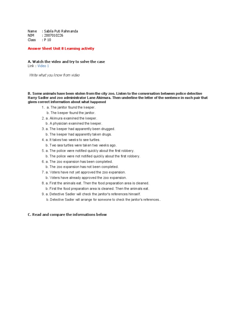 Answer Sheet Unit 8 Learning Activity | PDF