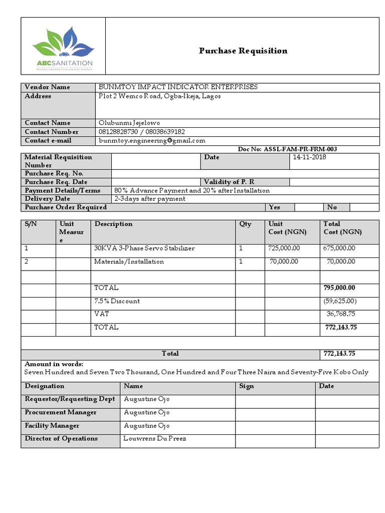 ABC Purchase Requisition BUNMTOY For Stabilizer | PDF