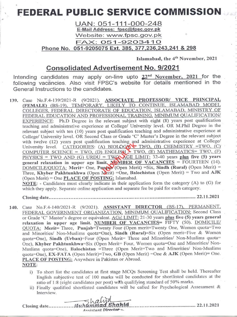 FPSC Advertisement No 09 2021 52716652561854f784a018 | PDF