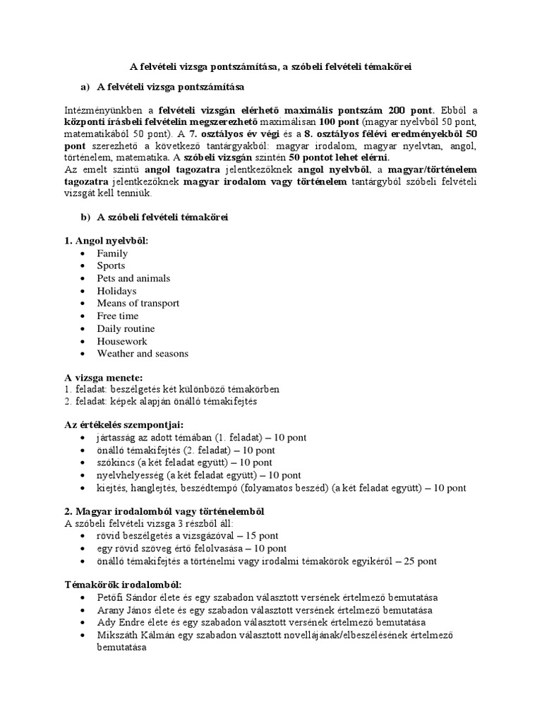 Felveteli Vizsga Pontszamitasa Szobeli Temakorok | PDF