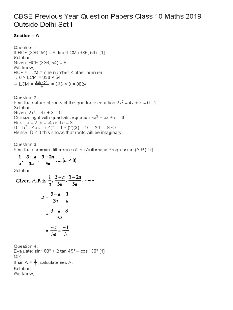 CBSE Previous Year Question Papers Class 10 Maths 2019 Outside Delhi ...