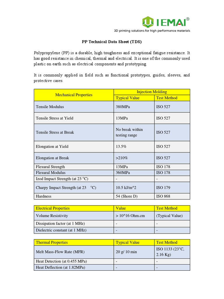 Polypropylene TDS for 3D Printing | PDF | Strength Of Materials | Glasses