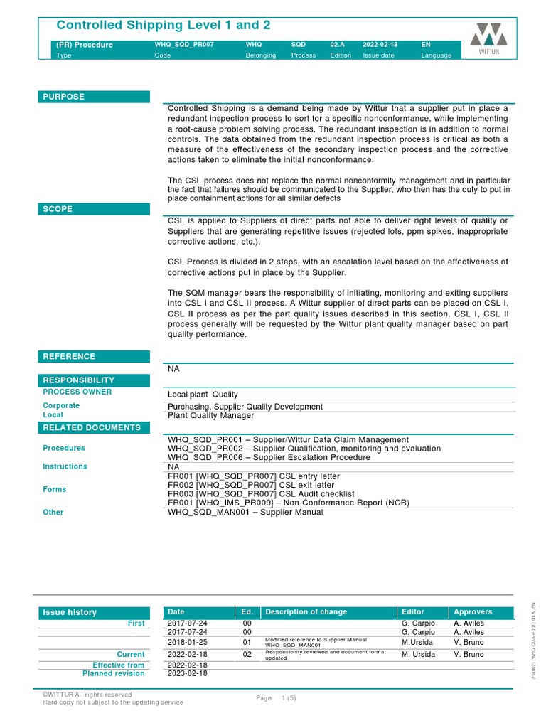 WHQ SQD PR007 Controlled Shipping Level 1 and 2 | PDF | Business | Computing