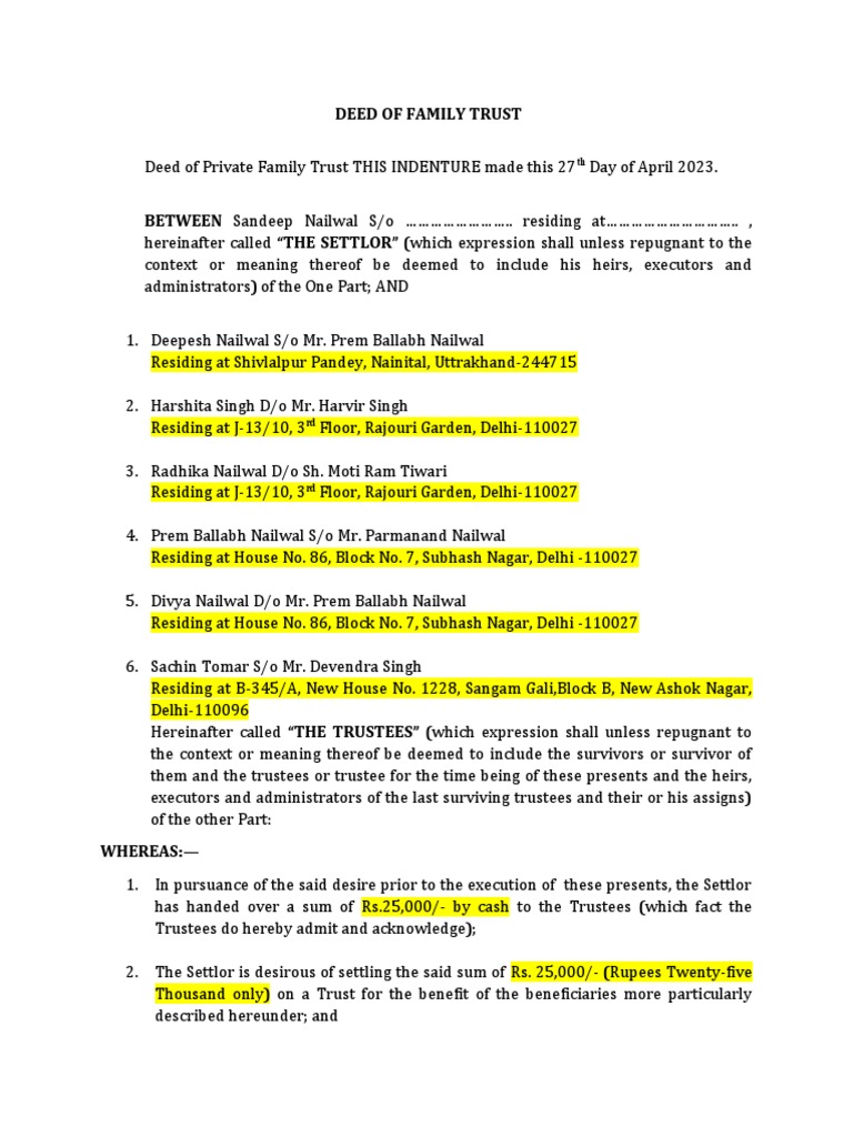 Family Trust Deed | Download Free PDF | Trust Law | Property
