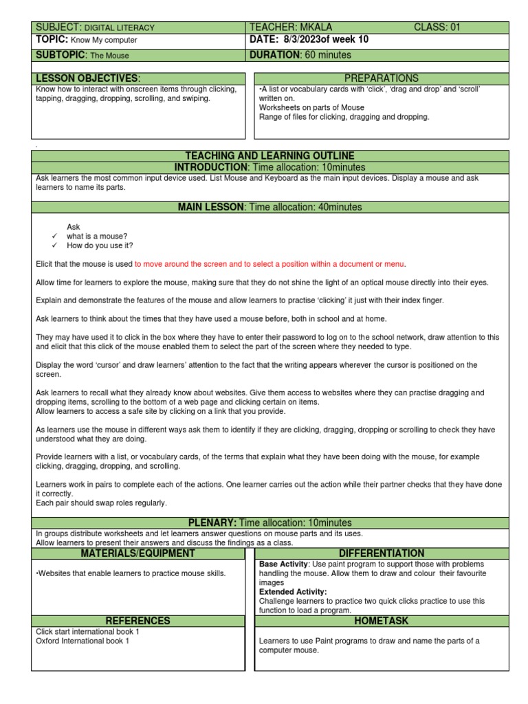 Year 1 ICT Lesson Plan Week10 | PDF | Cursor (User Interface) | Human Communication