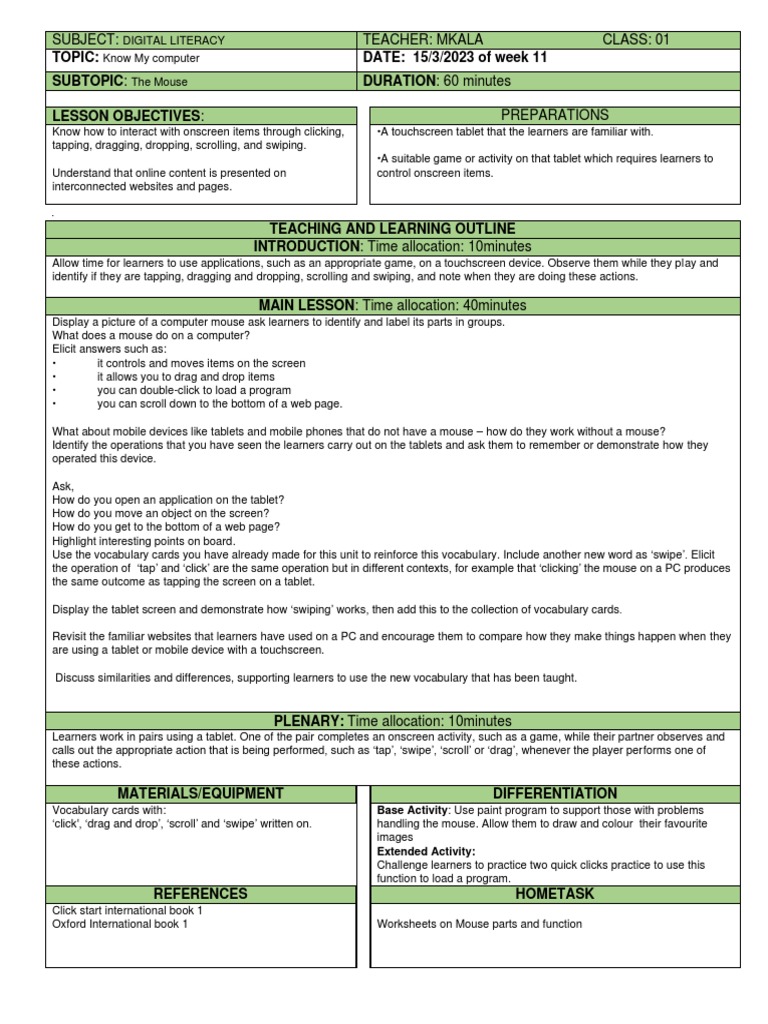 Year 1 ICT Lesson: Understanding the Mouse | PDF | Tablet Computer ...