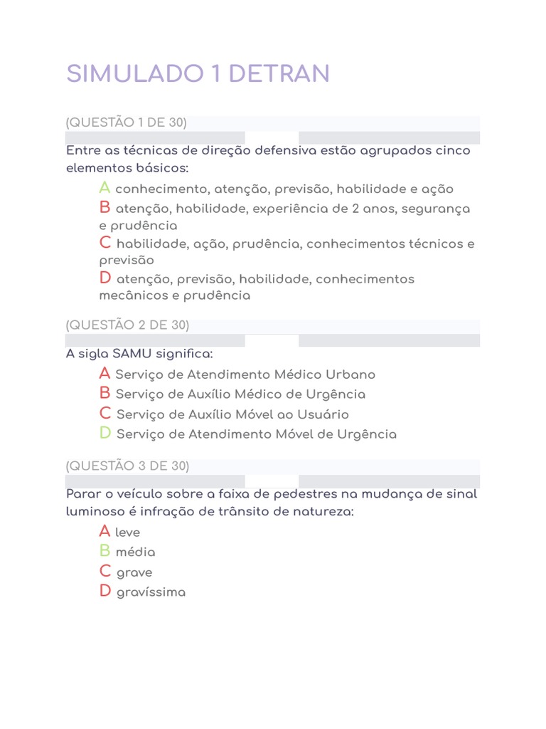 Simulado Detran | Download grátis PDF | Tráfego | Carteira de Motorista