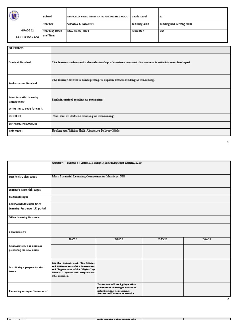 Grade 11 Critical Reading Lesson Plan | PDF | Argument | Learning