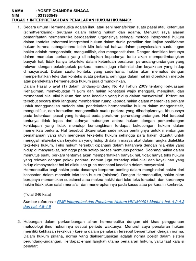 Tugas 1 Interpretasi Dan Penalaran Hukum HKUM4401 | PDF