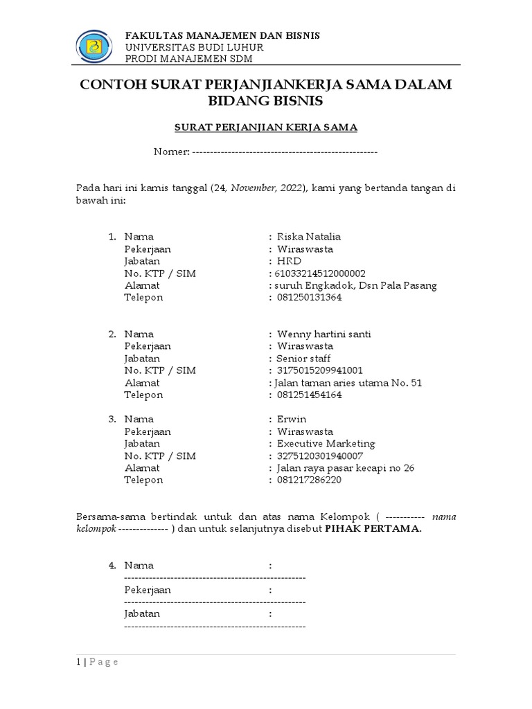 Contoh Surat Perjanjian Kerjasama Dalam Bidang Bisnis Fh Uii Pdf