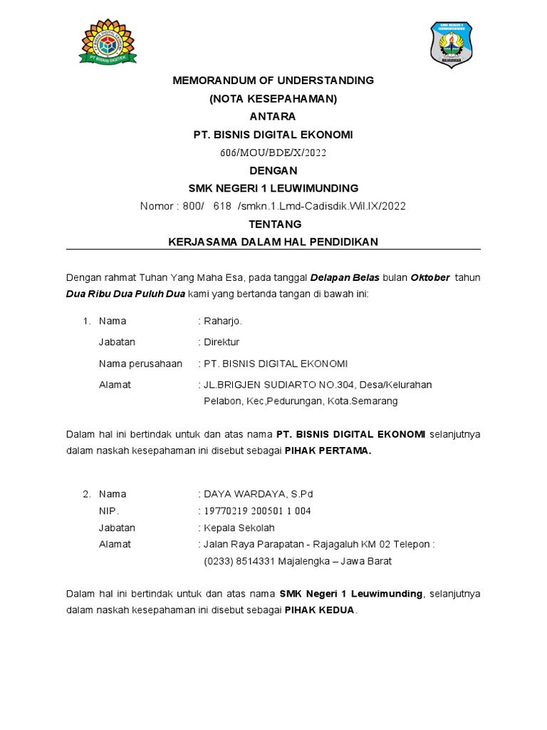 MoU PT. BDE (DUDIKA) | PDF