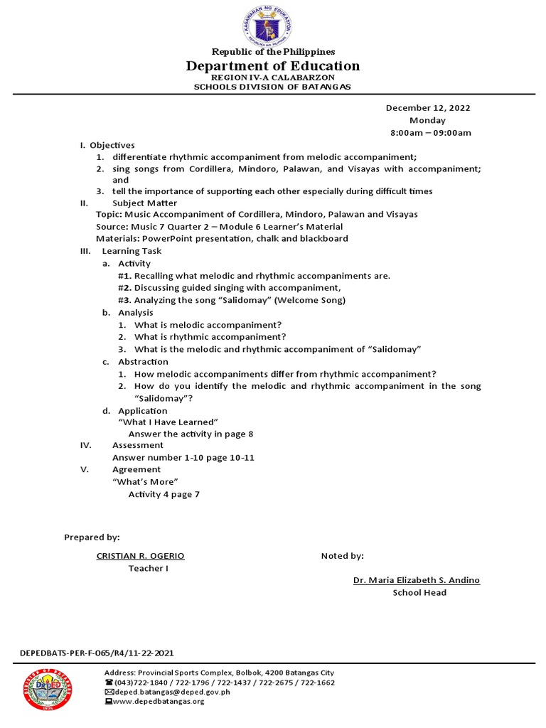 MUSIC DLP QUARTER 2 MODULE 6 (Arayat) | PDF