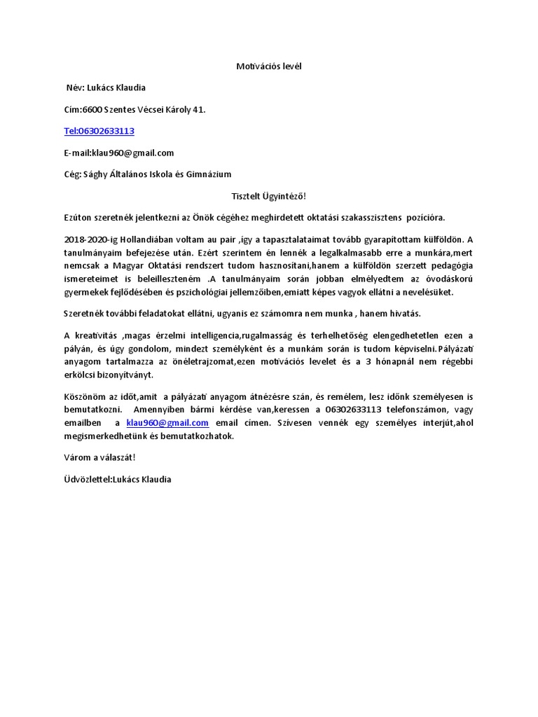 Motivációs Levél | PDF