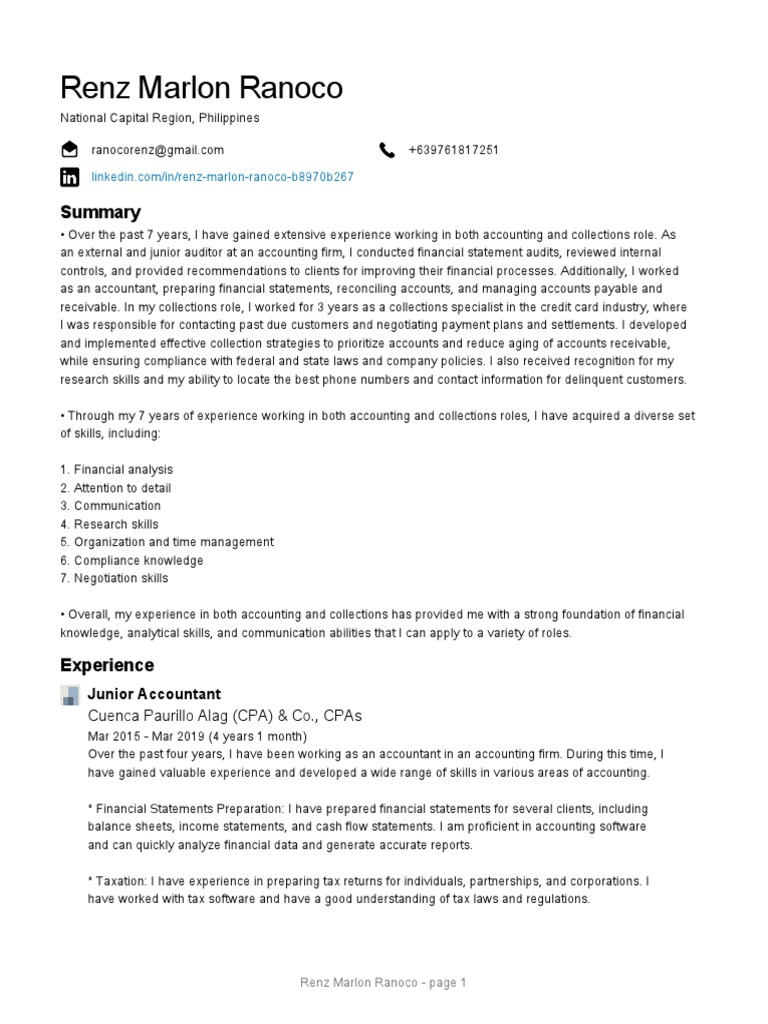 Ranoco, Renz (Resume) | PDF | Accounting | Audit