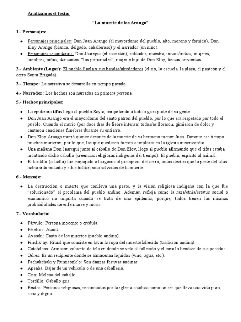 Analisis de Cuento - LA MUERTE DE LOS ARANGO | PDF