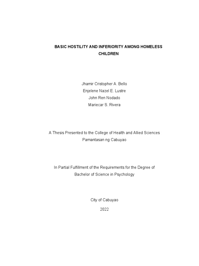 Basic Hostility and Inferiority Among Homeless Children | PDF | Feeling ...