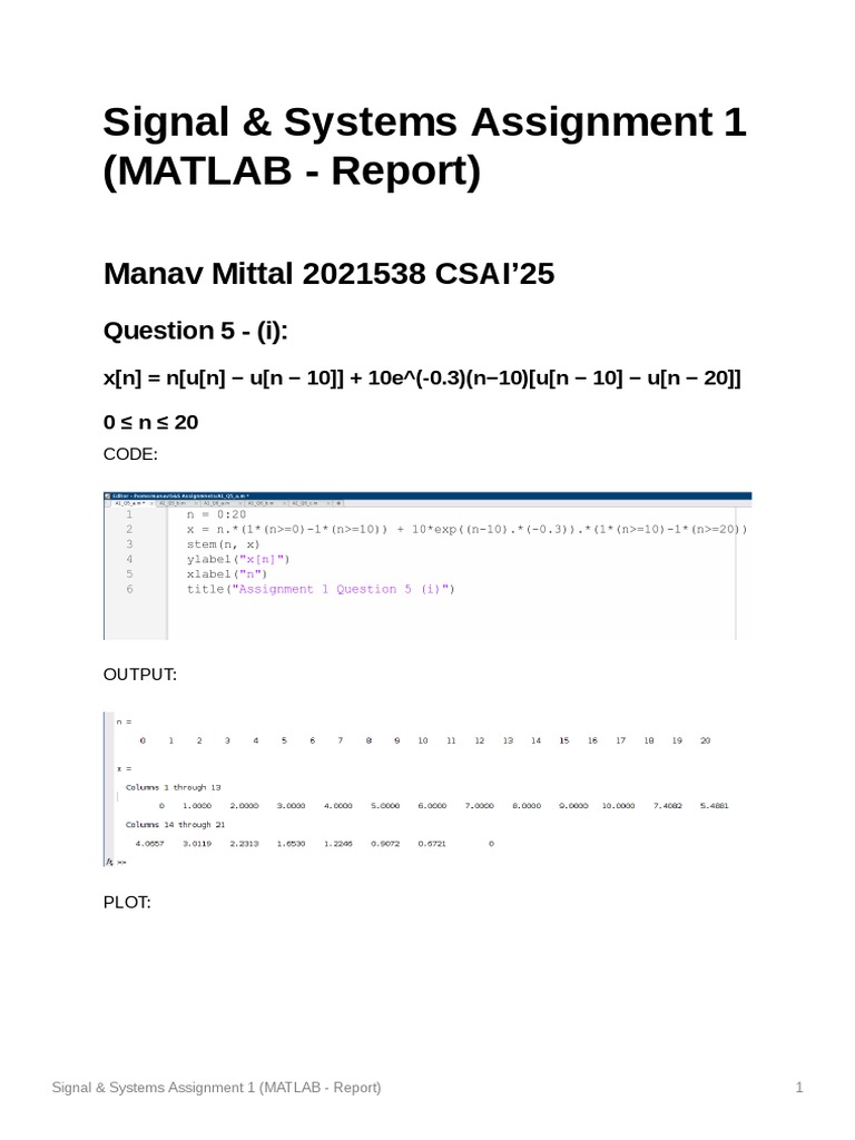Signal Systems Assignment 1 (MATLAB - Report) | PDF Signal Systems Assignment 1 (MATLAB - Report) | PDF