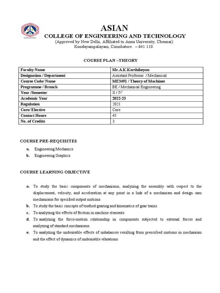 ME3491 Course Plan | PDF | Engineering | Friction