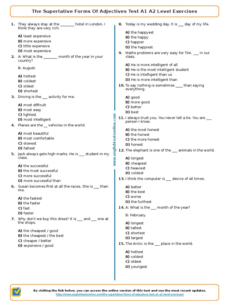 A1-A2 Adjective Exercises Test | PDF