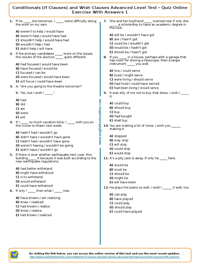 351 - Conditionals If Clauses and Wish Clauses Advanced Level Test Quiz ...